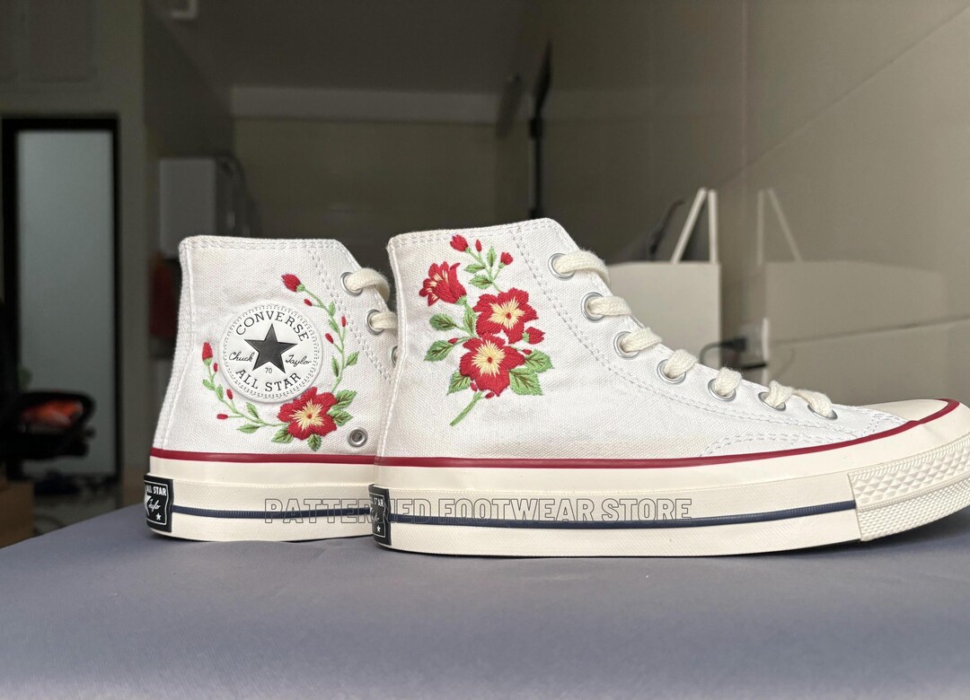 Red Flower Embroidered Converse | Custom Chuck Taylor High Tops - Etsy