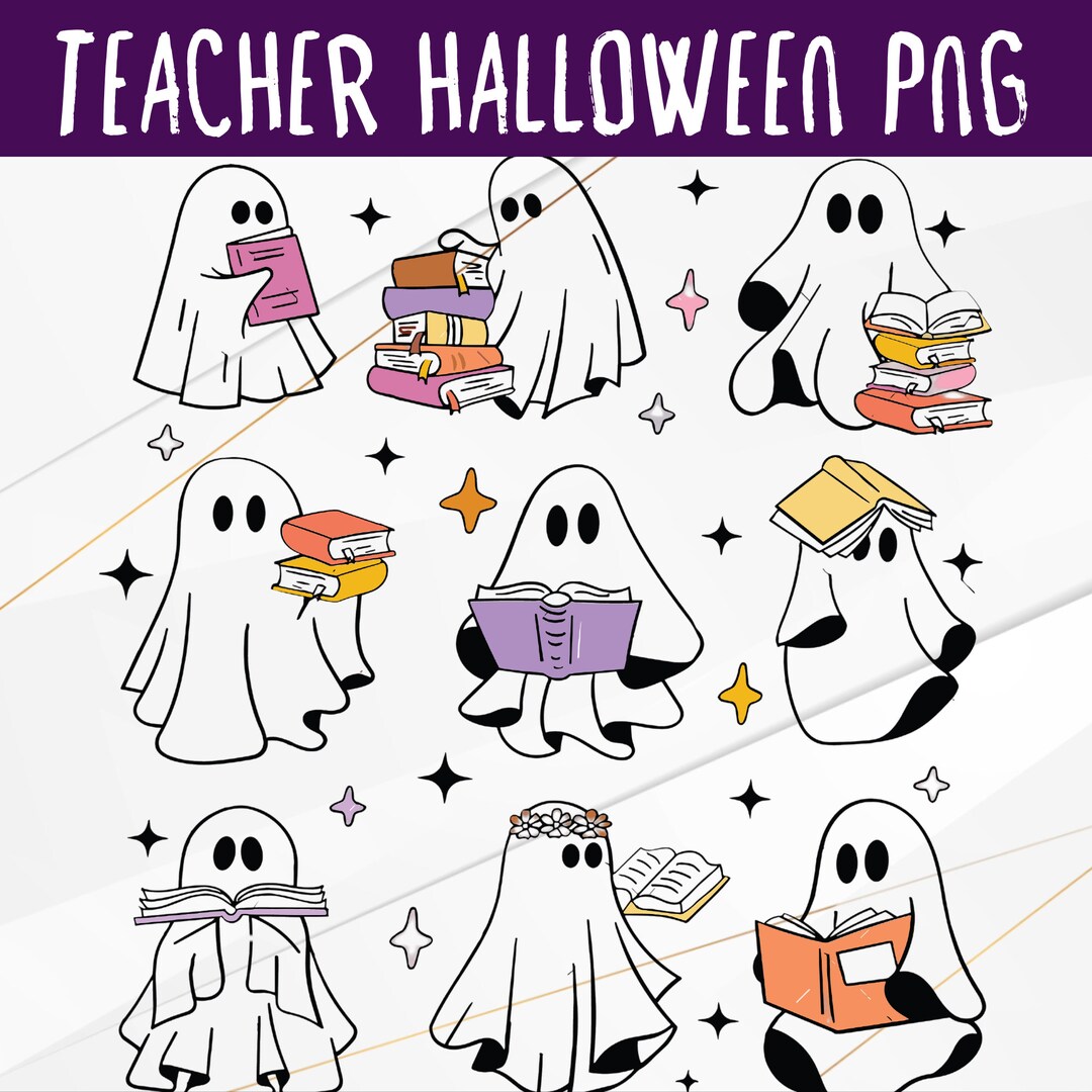 Teacher Halloween Ghost PNG Bundle: Spooky Book Lover Clipart (digital ...