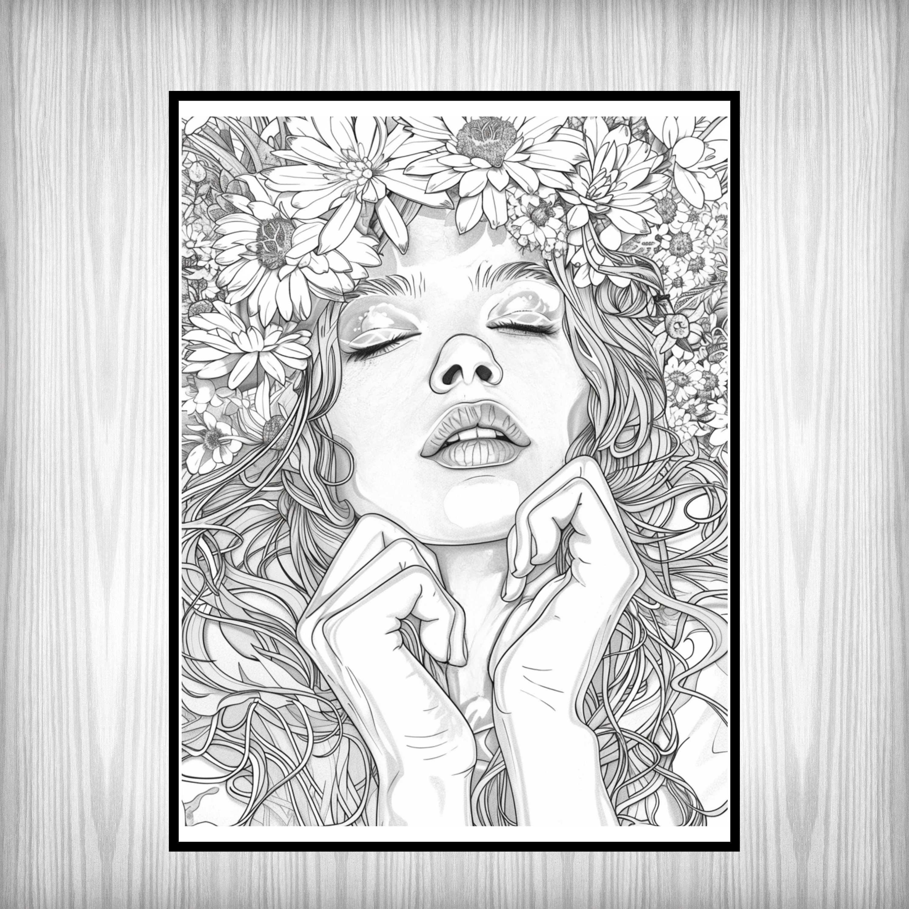 6 Relaxing Adult Coloring Page Female Face With Flowers, Digital ...