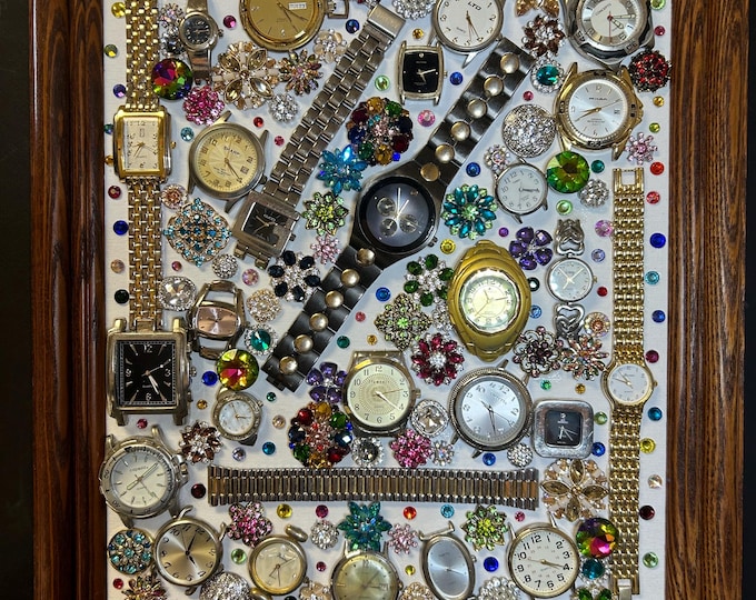 Handmade Vintage Watch and Rhinestone Button Collage Wall Hanging. One ...