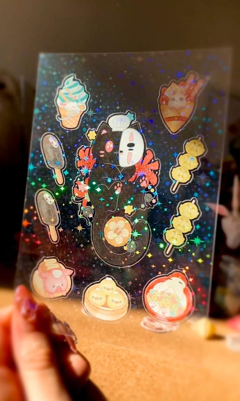 Ghibli Sticker Sheet (A6) : Chihiro Cat - Holographic Transparent Kiss ...