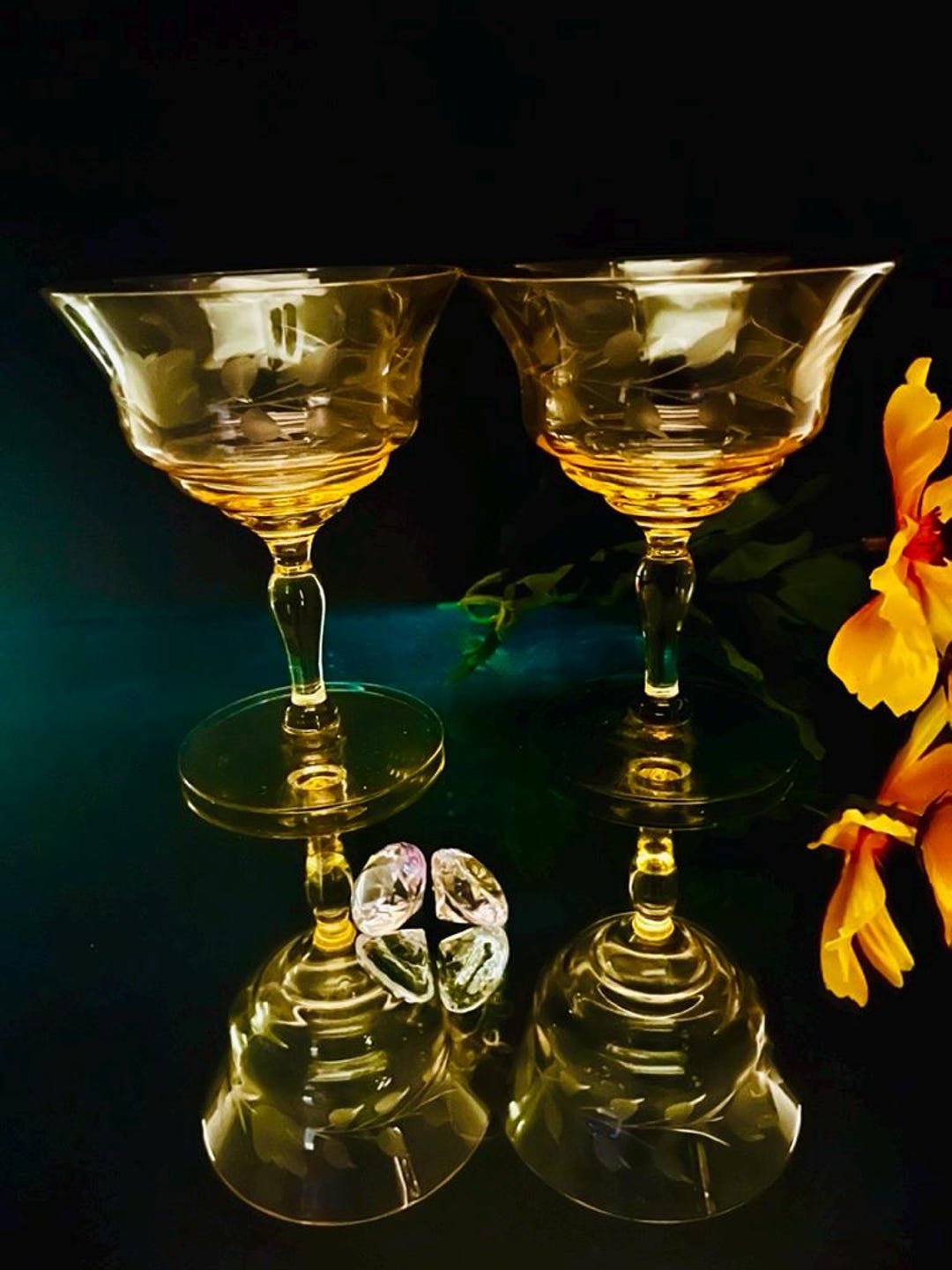 Topaz Yellow Depression Glass Wine/sherbert Glasses With Wheat Etching ...