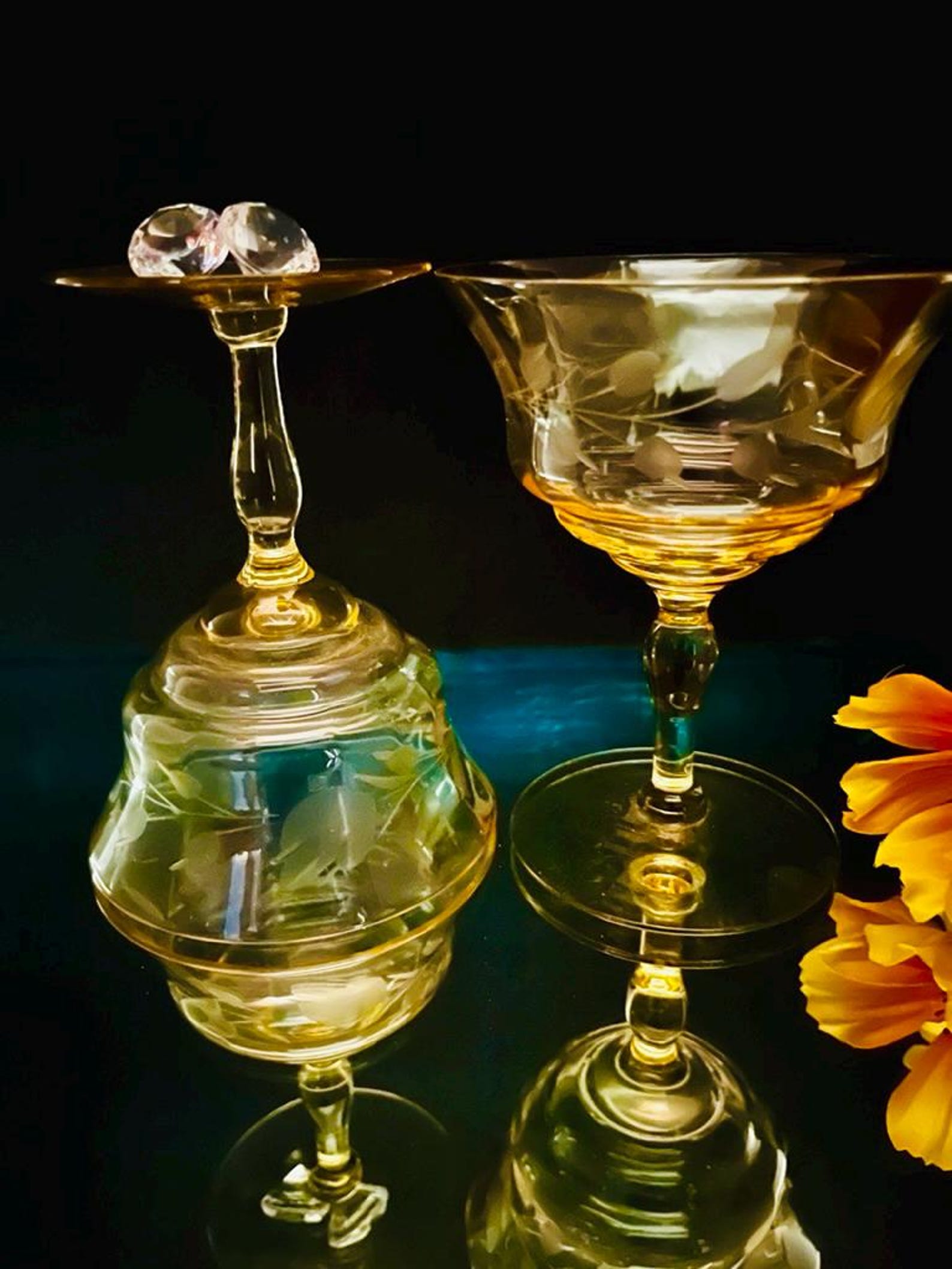 Topaz Yellow Depression Glass Wine/sherbert Glasses With Wheat Etching ...