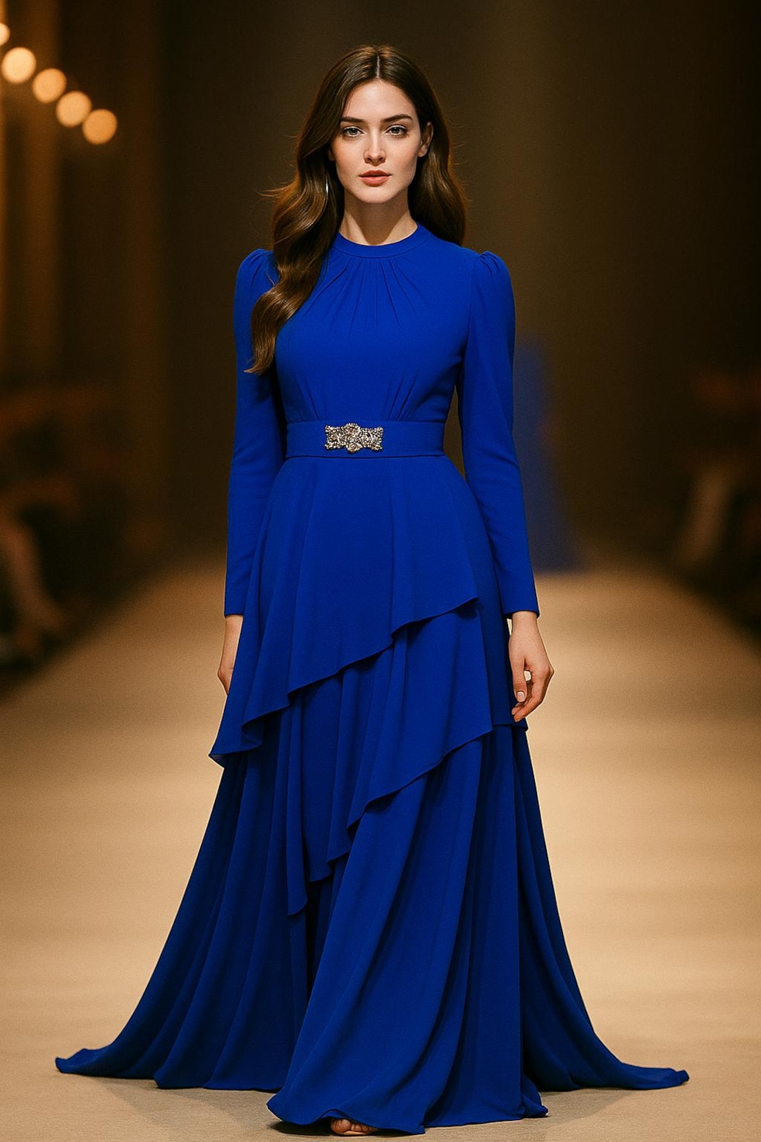 Royal Blue Modest Evening Gown | Layered Maxi Dress With Belt | Full ...