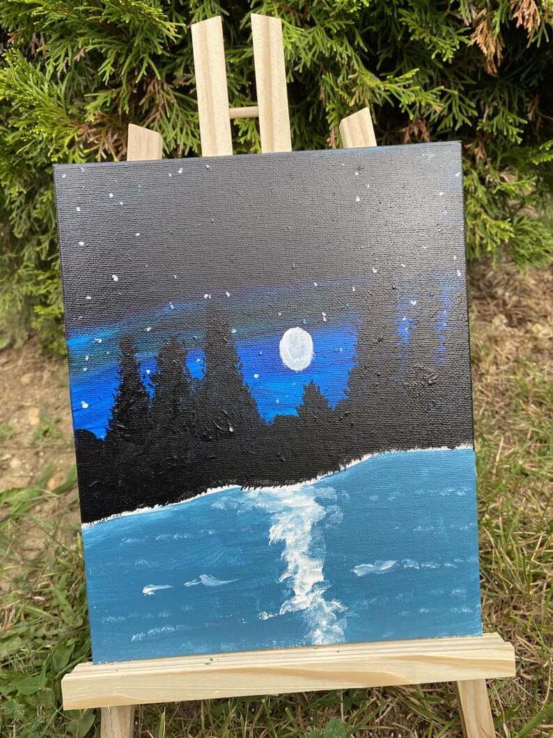 Starry Night Over Water Acrylic Painting on Canvas Board - Etsy