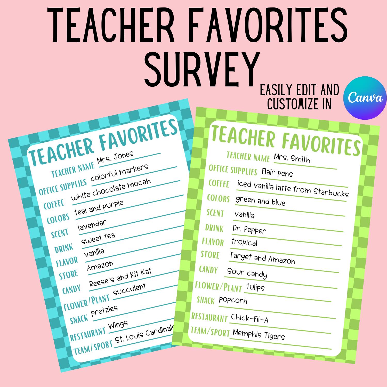 Editable Teacher Favorites Survey • Teacher Questionnaire • Teacher ...