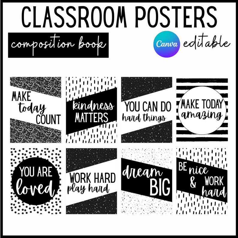 Black & White Composition Book Classroom Decor Bundle | Editable Canva ...