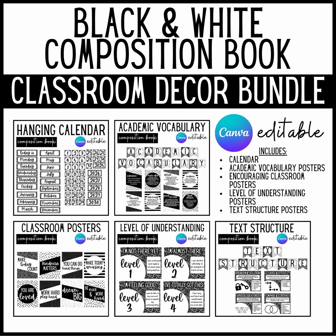Black & White Composition Book Classroom Decor Bundle | Editable Canva ...