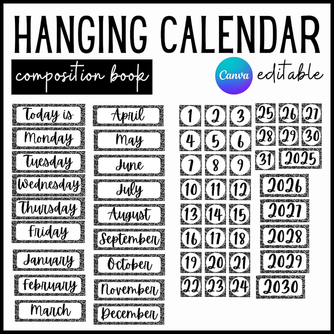 Black & White Composition Book Classroom Decor Bundle | Editable Canva ...