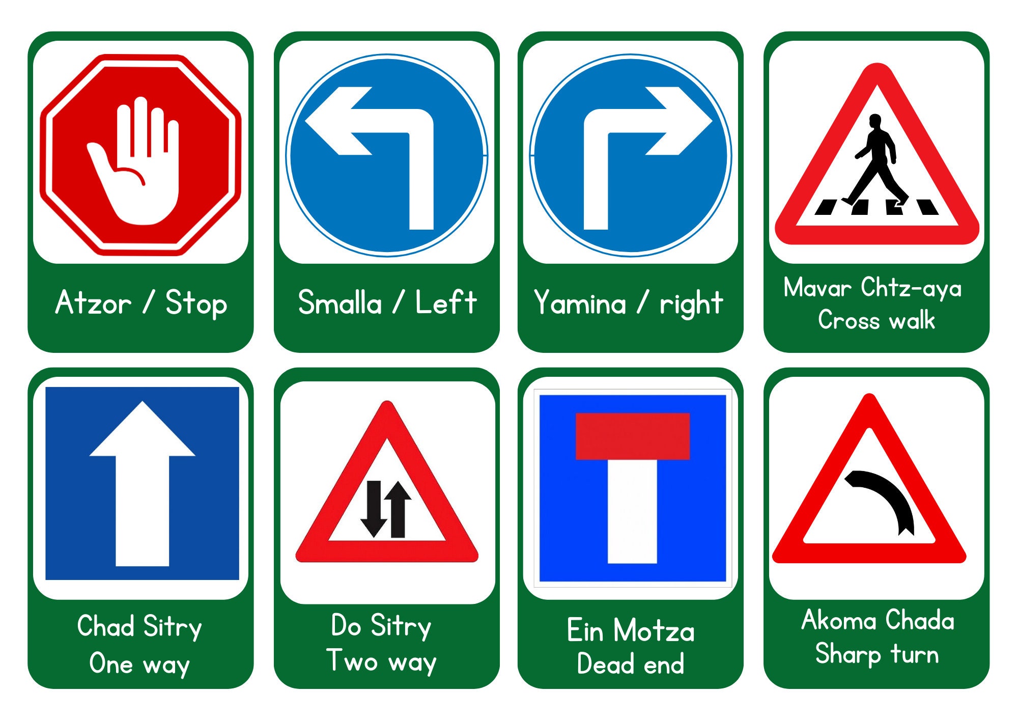 Hebrew Road Signs/signposts Flashcards +video With the Correct ...