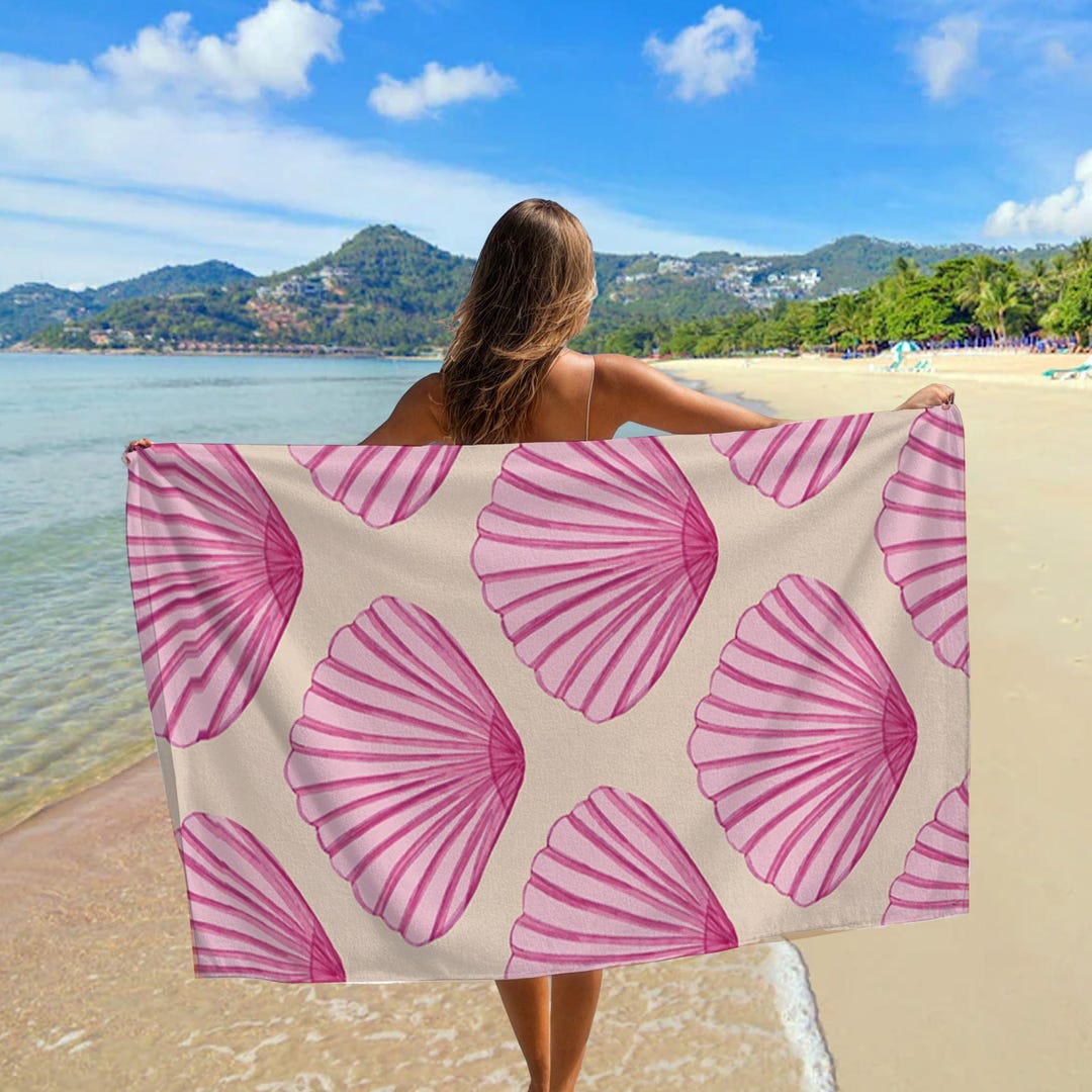 Seashell Beach Towel, Pink Seashells, Cotton Blend, Summer Vacation - Etsy
