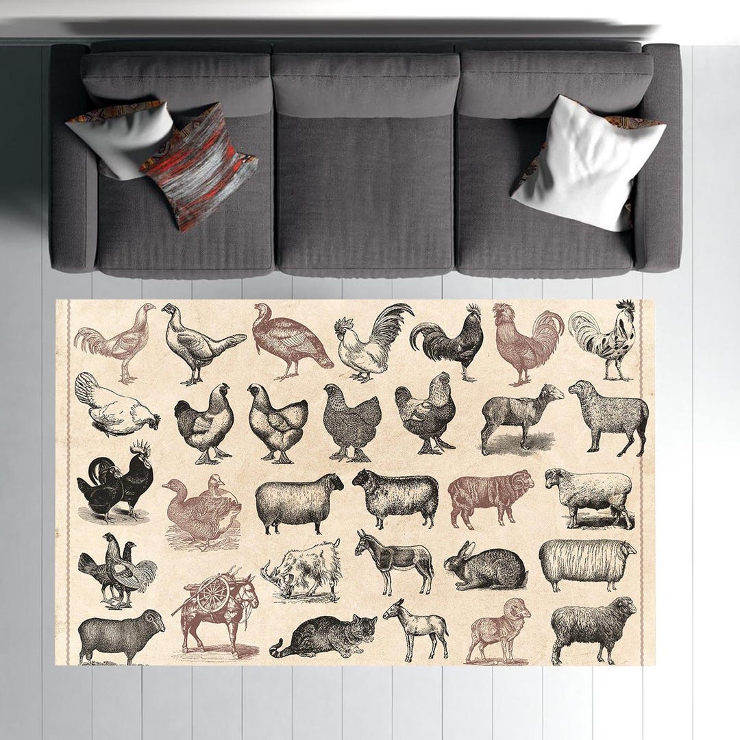 Farm Animal Print Rug: Modern Chicken, Sheep & Goat Pattern - Etsy