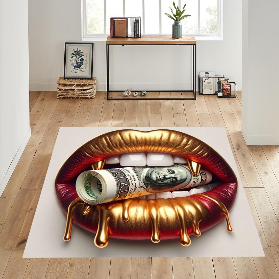 Lips Money Square Rug, Modern Art Design - Etsy