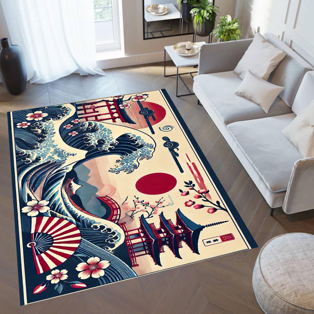 Cherry Blossom Rug: Japanese Wave Design, Decorative Rug - Etsy