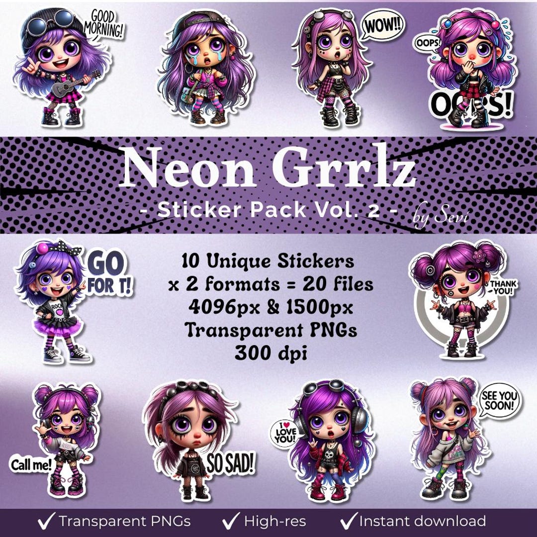 Cute Emo Girl Stickers | 10 Digital Chibi Characters | Kawaii Punk Pngs ...