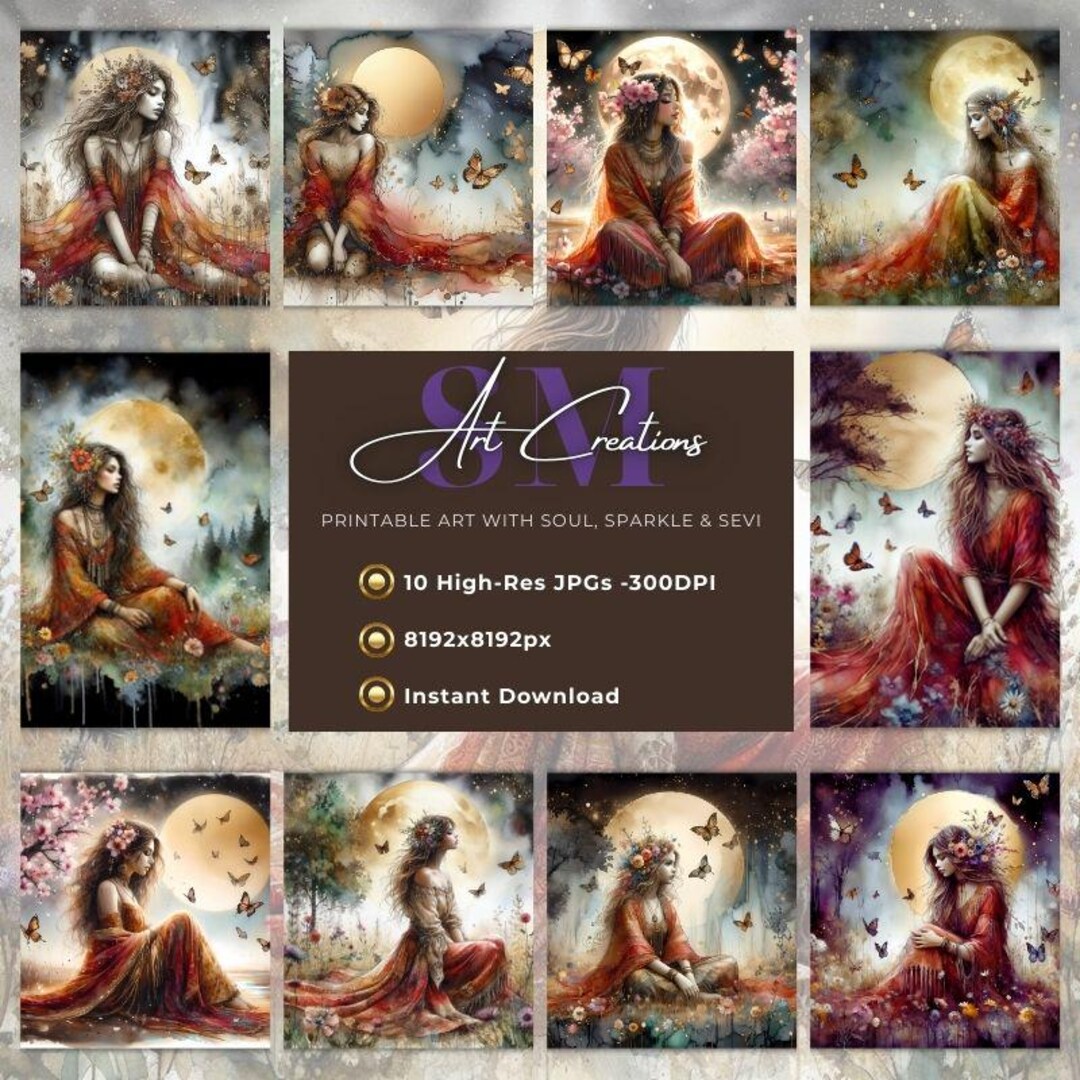 10 Moonlit Fantasy Woman Prints – Boho Spiritual Art | Digital Download ...
