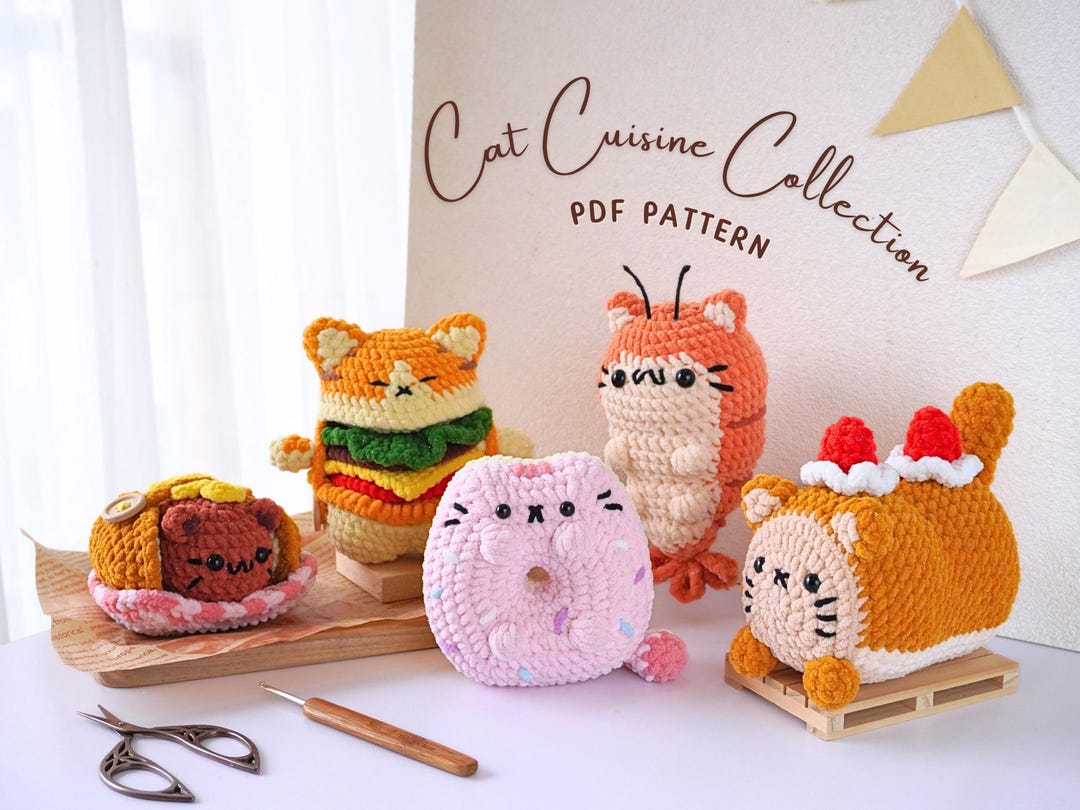 Cat Cuisine Crochet Patterns Bundle | Catburger Pattern, Cat Sandwich Pattern, Cat Hotdog ...