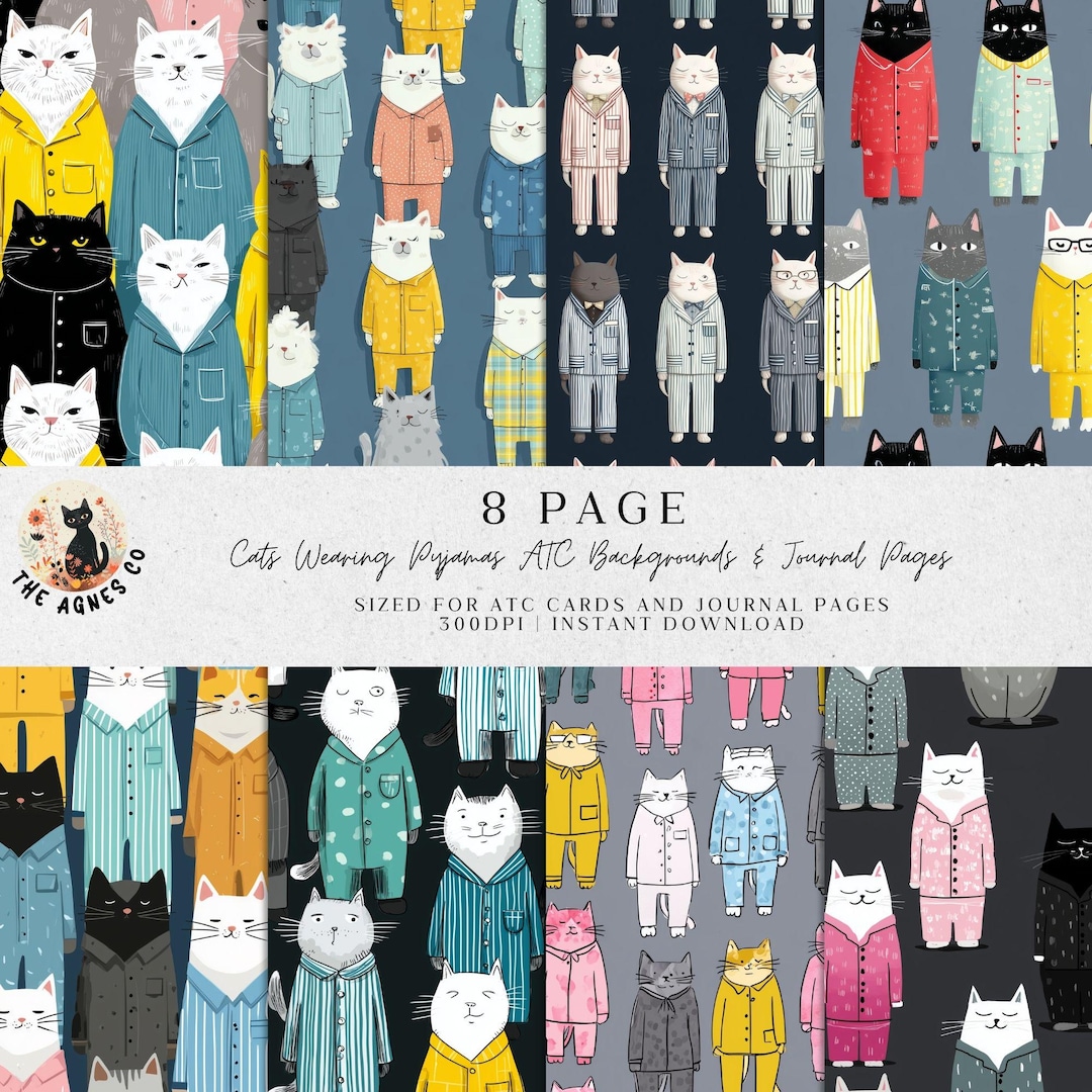 Cats Wearing Pyjamas ATC Backgrounds | 8 Cute Cat Printable Papers ...