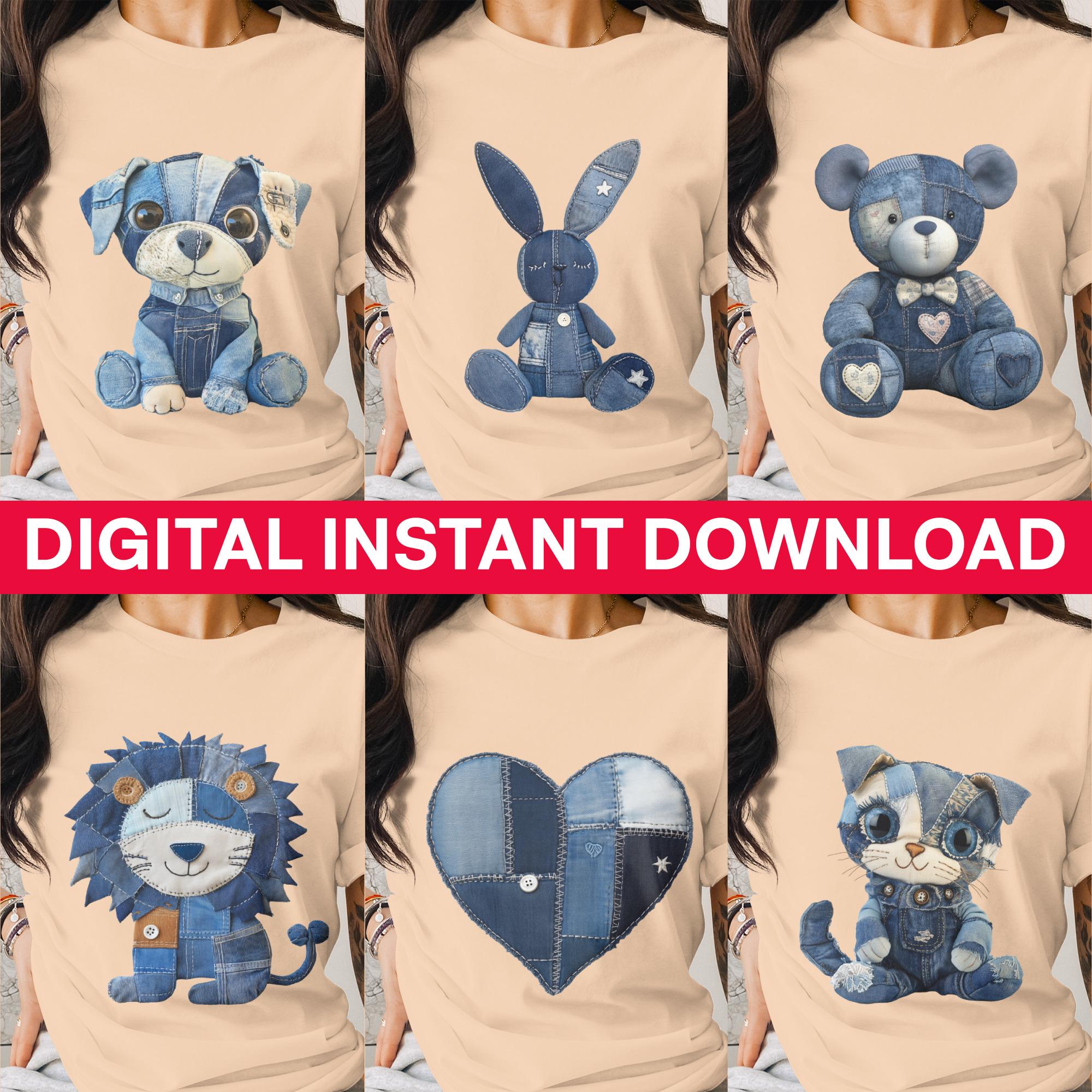 Blue Jean Friends Denim Patchwork Pets PNG Bundle | 6 Hand-sewn Animal ...