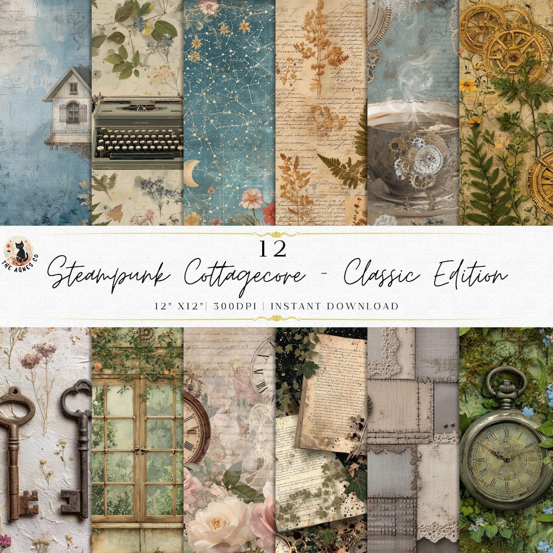 Steampunk Cottagecore Digital Paper Pack | 12 Vintage Printable ...