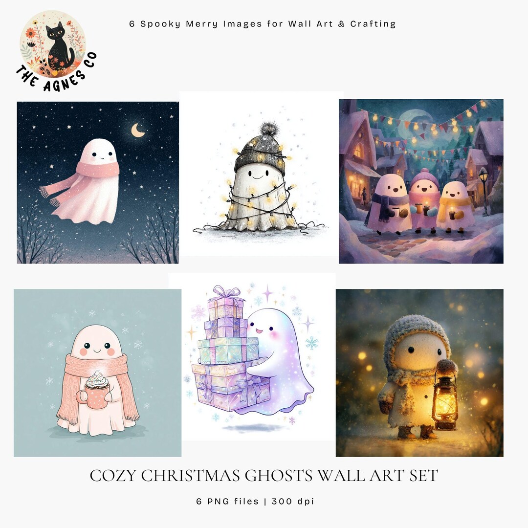 Cozy Christmas Ghosts Wall Art Set | Cute Kawaii Winter Ghost ...