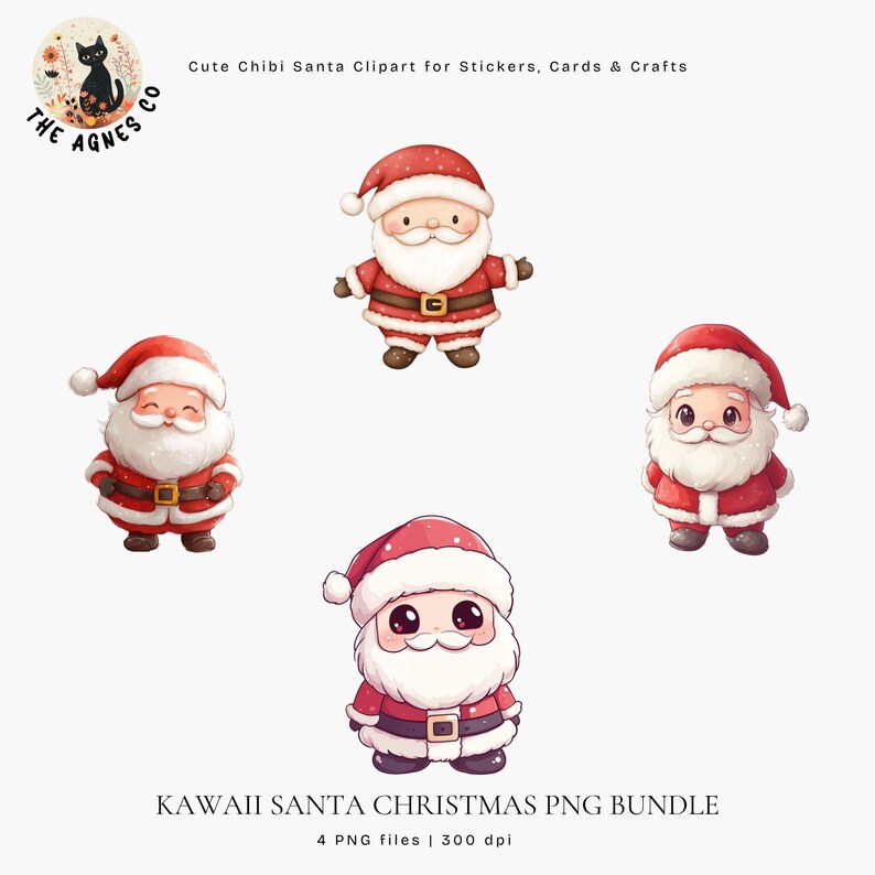 Kawaii Santa PNG Bundle (4 Pack) | Cute Christmas Santa Clipart | Chibi ...