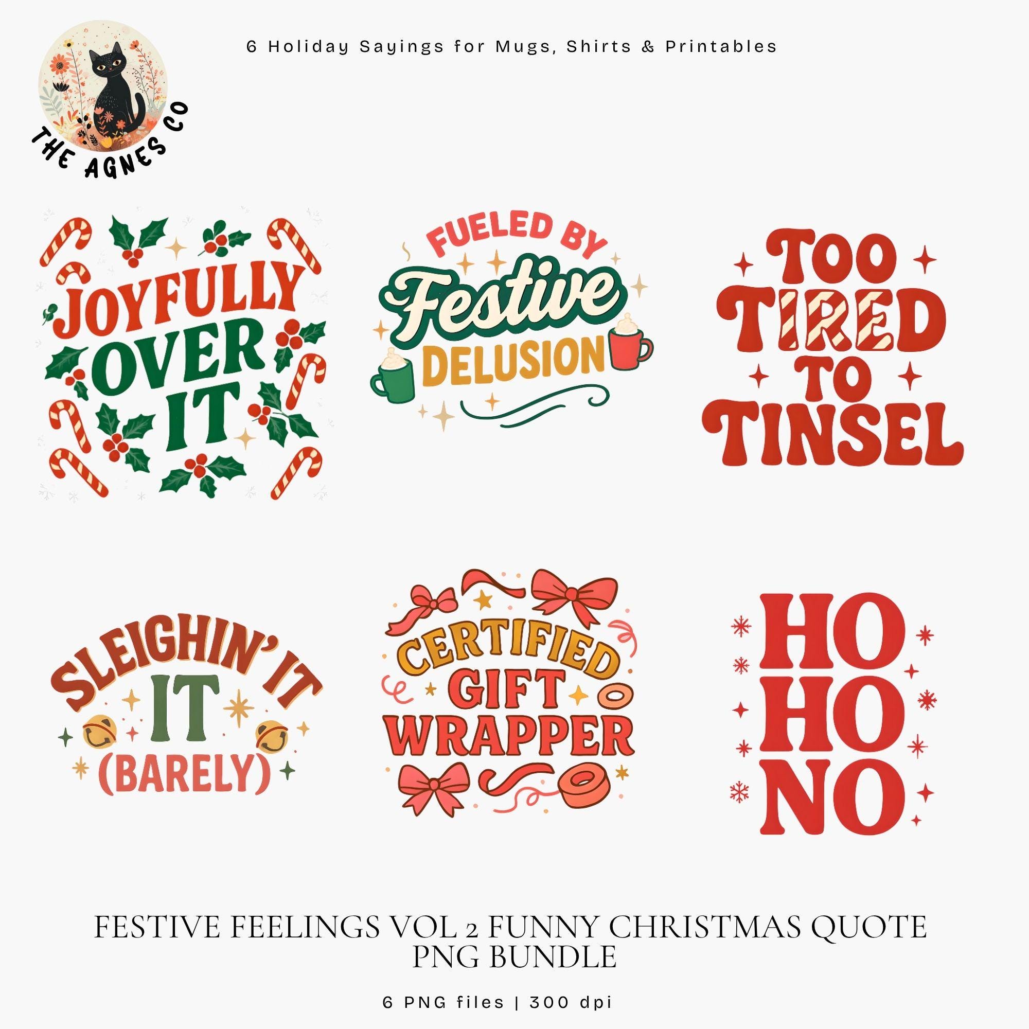 Festive Feelings Funny Christmas Quote PNG Bundle Vol 2 | 6 Retro ...