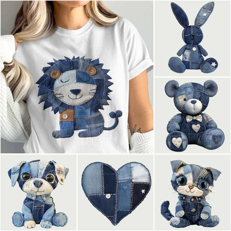 Blue Jean Friends Denim Patchwork Pets PNG Bundle | 6 Hand-sewn Animal ...