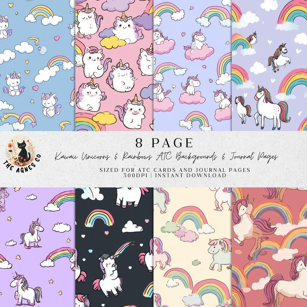 Kawaii Unicorns and Rainbows ATC Backgrounds (8 Pack) | Cute Pastel ...