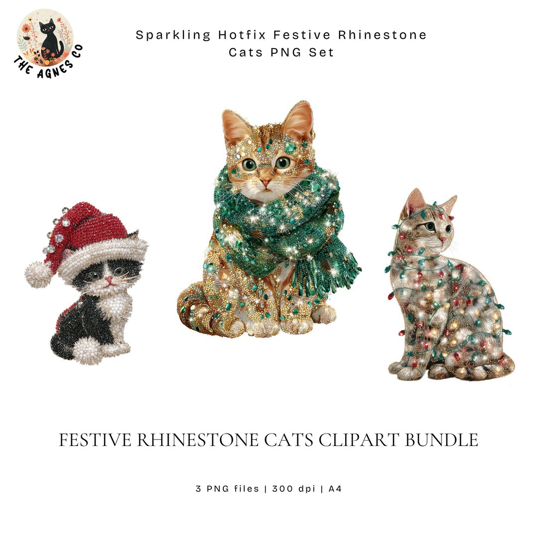 Festive Rhinestone Cats Clipart Bundle | Sparkling Christmas Cat Pngs ...