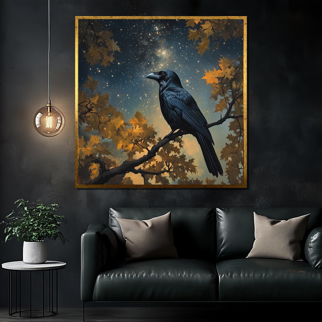 Raven Bird Canvas Painting, Starry Night Tree Scene, Mysterious Forest ...