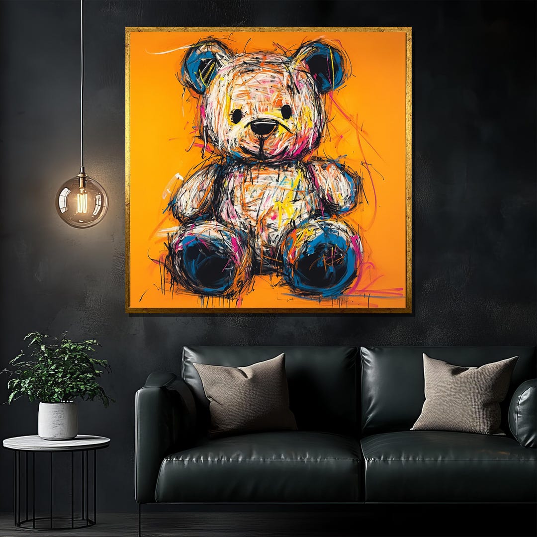 Colorful Teddy Bear Canvas Painting on Vibrant Orange Background ...
