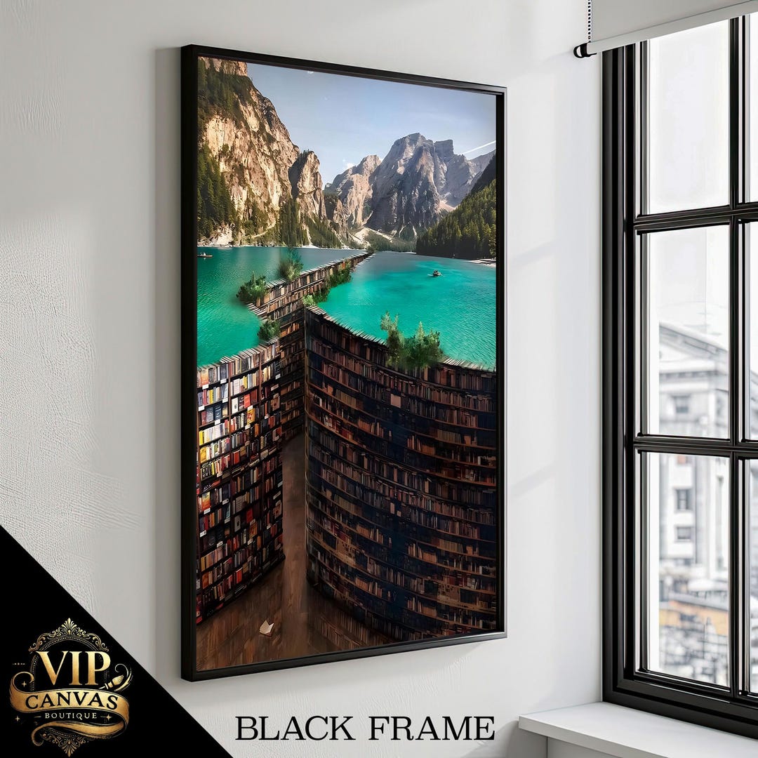 Surreal Library Lake Canvas Painting - Imaginative Gift for Book Lovers ...