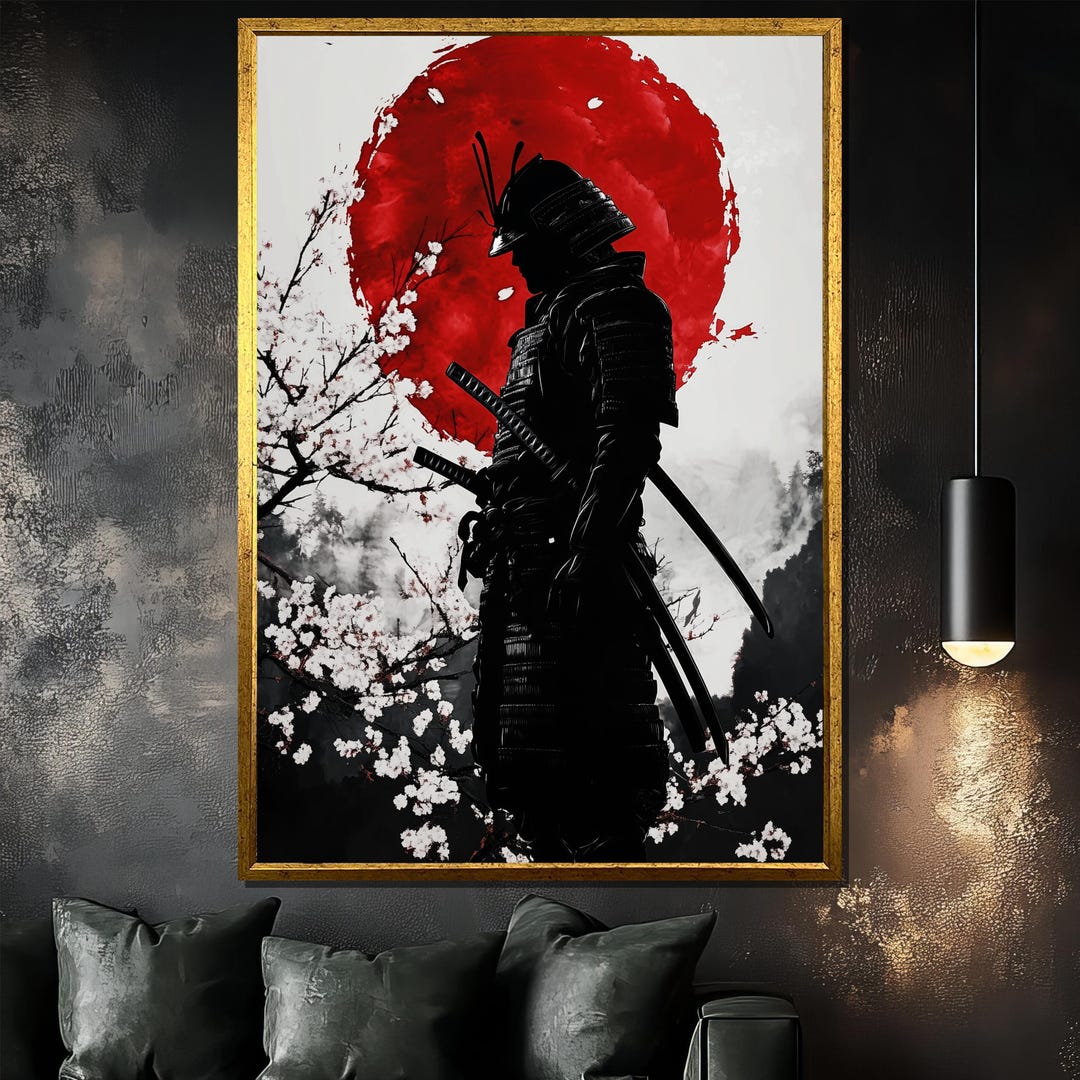 Samurai Warrior Canvas Painting, Japanese Cherry Blossom Art, Red Sun ...