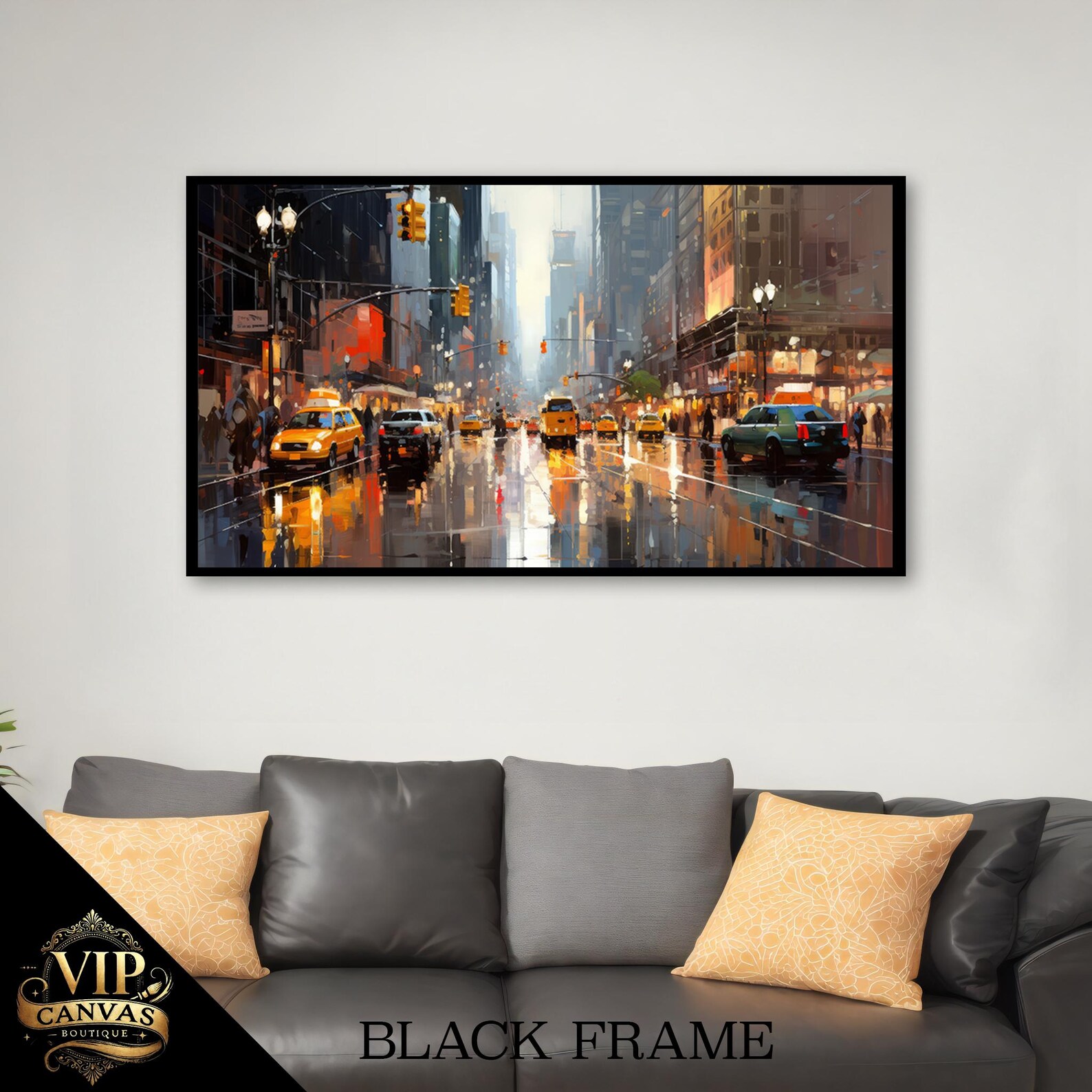 Rainy Urban Street Scene - Hand-painted Canvas Art - Vibrant Cityscape ...