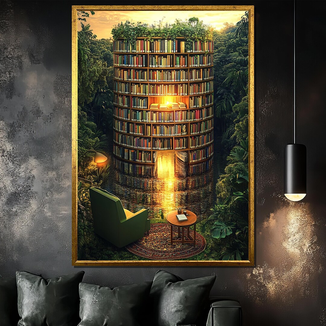 Magical Library in the Forest Canvas Painting, Surreal Book-themed Wall ...