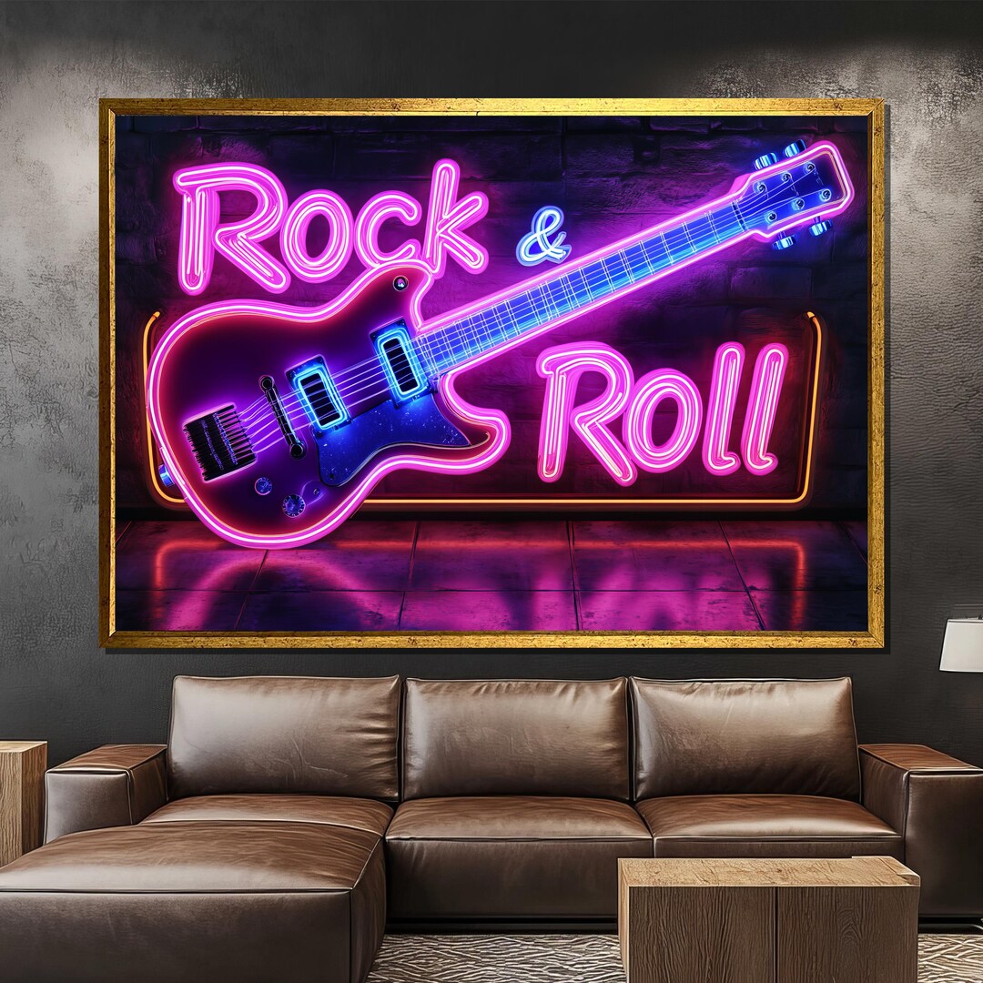 Rock and Roll Neon Guitar Canvas Painting, Vibrant Wall Art, Music ...