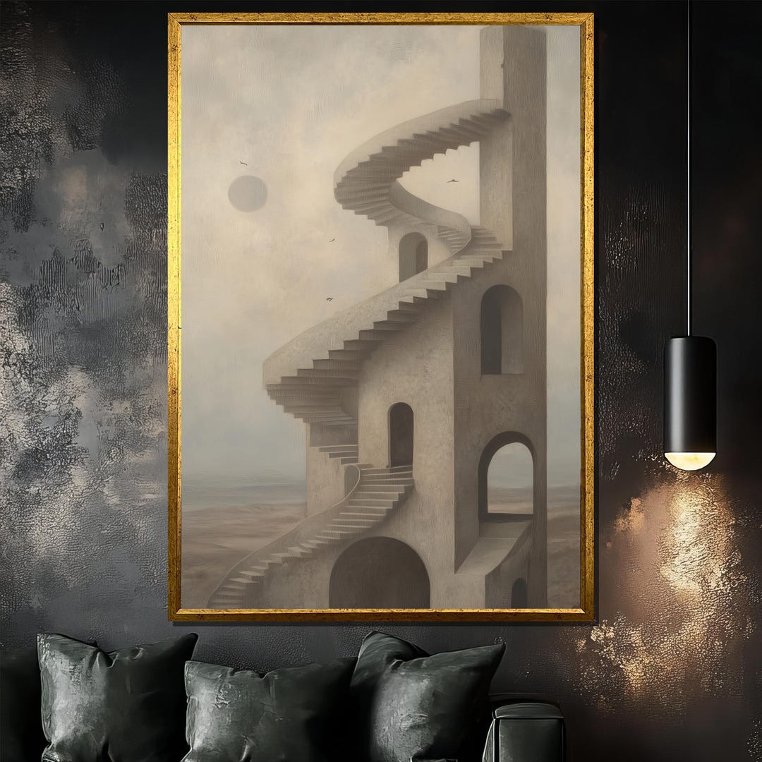 Surreal Spiral Staircase Canvas Painting, Dreamlike Architecture Wall ...