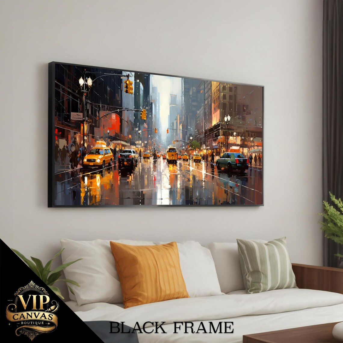 Rainy Urban Street Scene - Hand-painted Canvas Art - Vibrant Cityscape ...