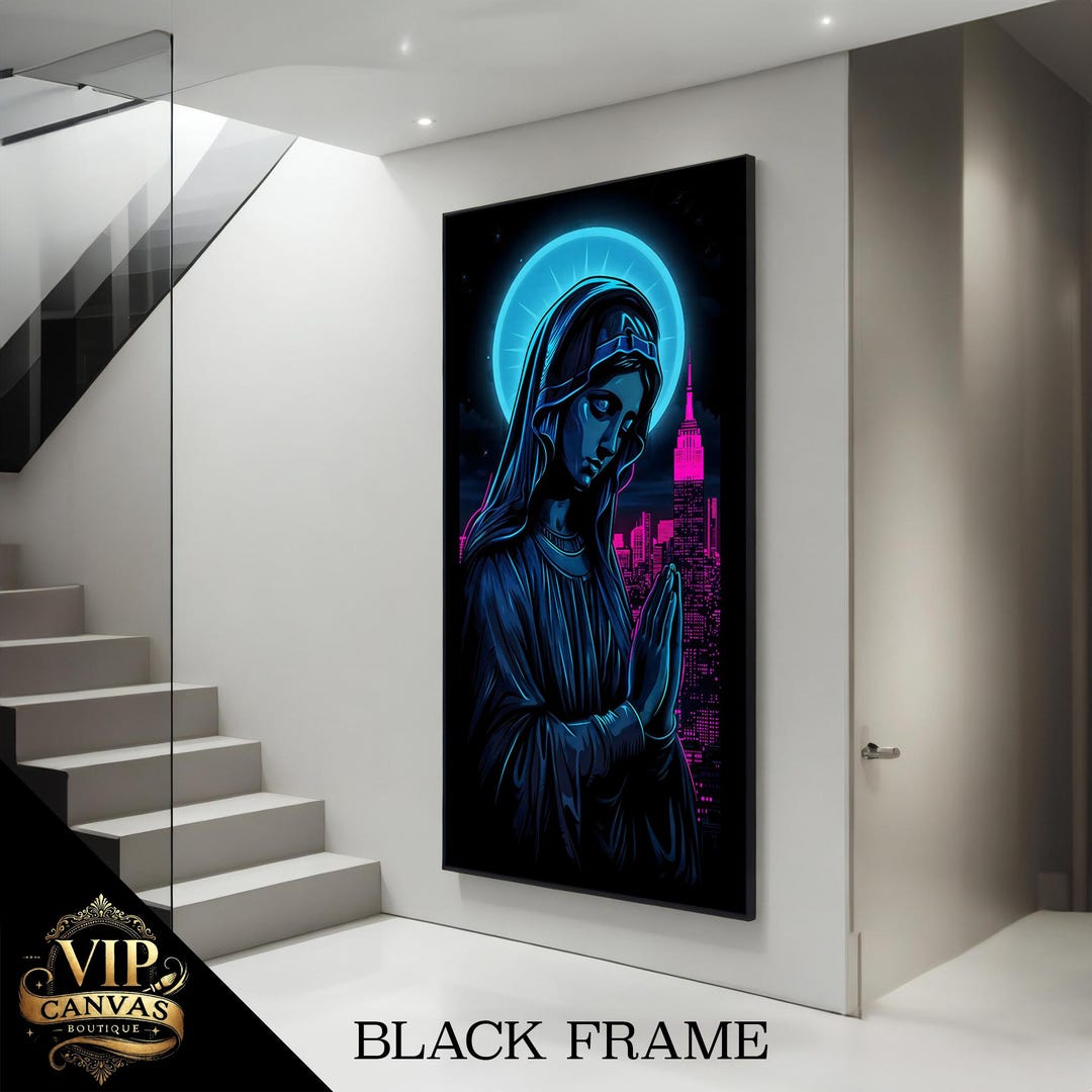 Neon Virgin Mary Canvas Art - Modern Religious Wall Decor, Urban ...