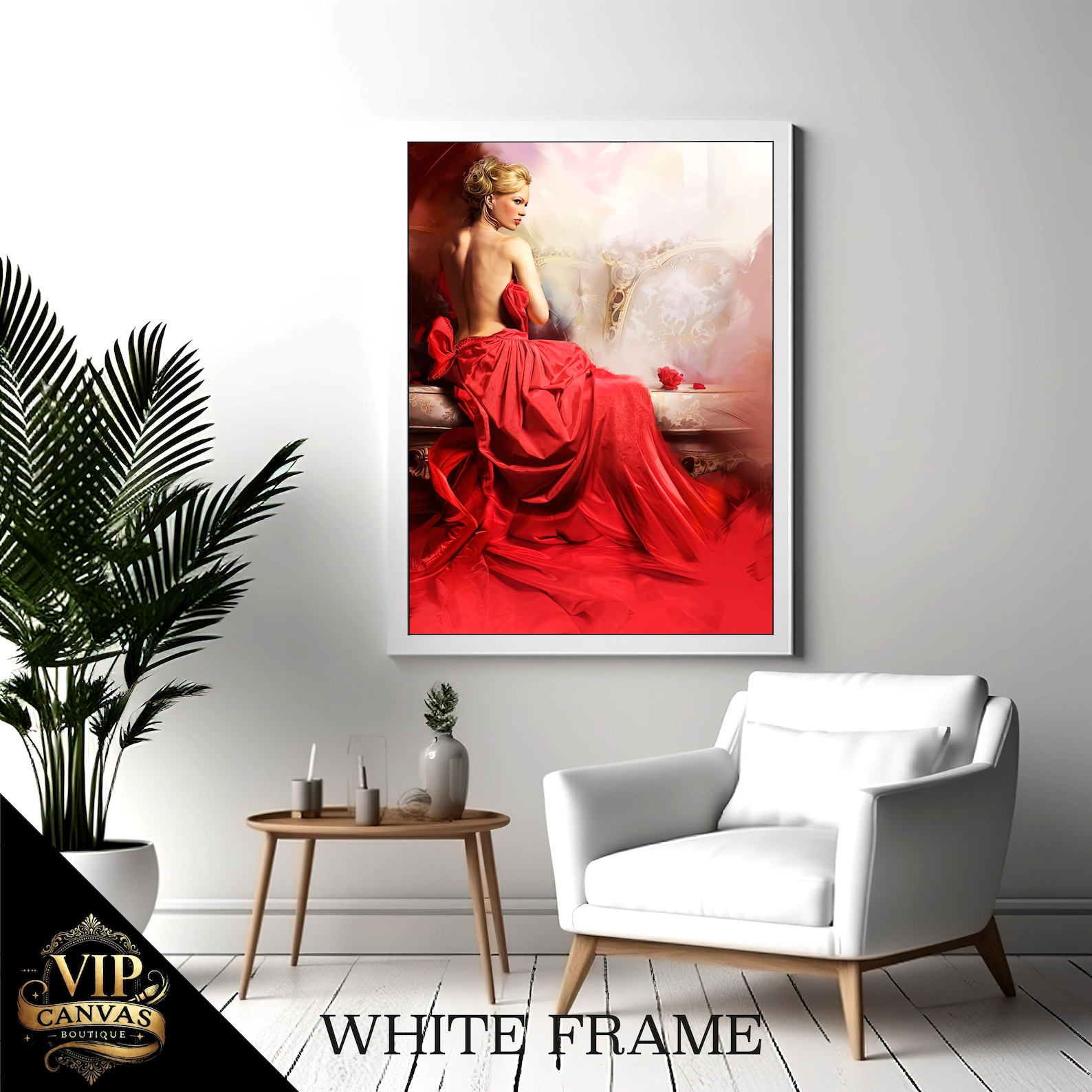 Seductive Woman in Red Gown on Elegant Sofa Romantic and Sensual Canvas ...