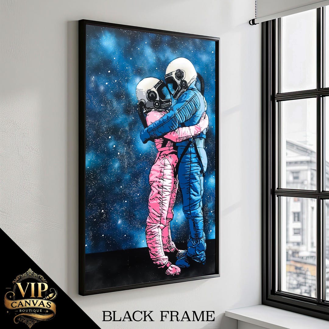 Romantic Astronaut Couple Embracing in Space Canvas Painting - Perfect ...