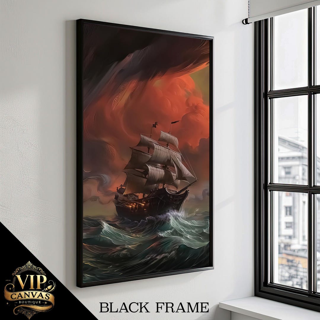 Stormy Seas and Pirate Ship - Dramatic Canvas Painting for Home Decor ...