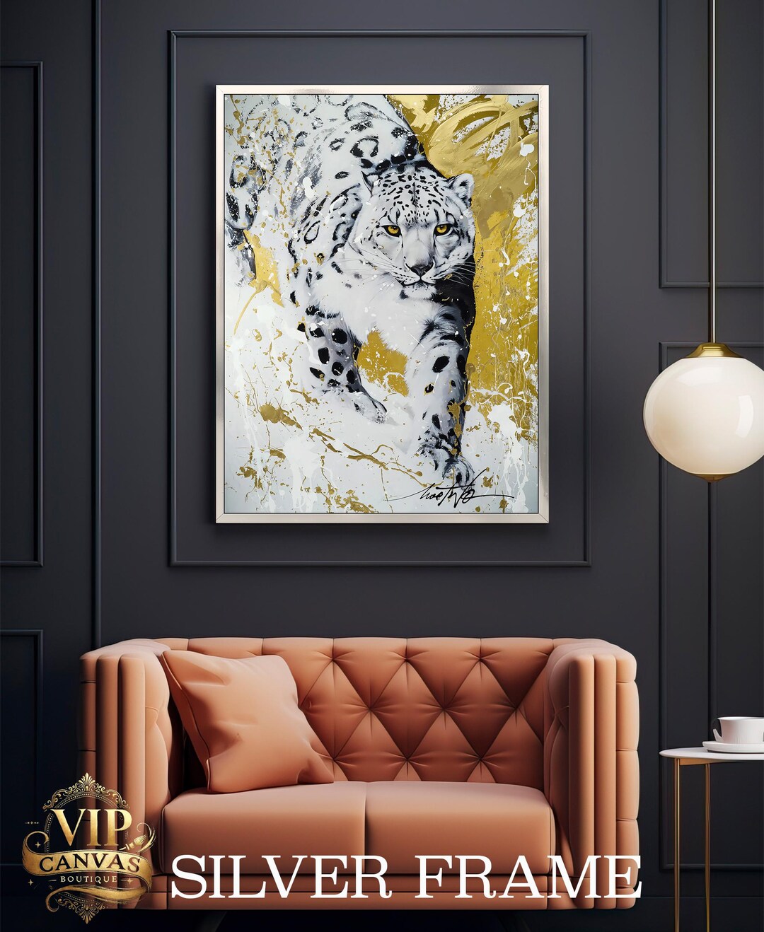 Stunning Snow Leopard Canvas Painting – Majestic Wildlife Art With Gold ...