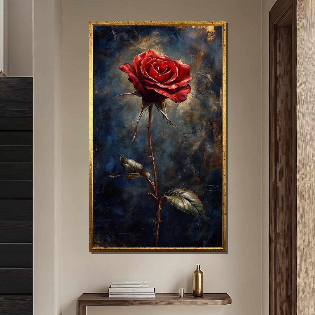 Elegant Red Rose Canvas Painting, Dark Floral Wall Art, Modern ...