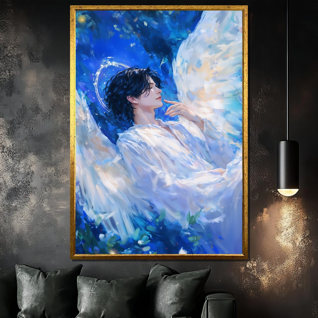 Dreamy Blue Angel Canvas Painting, Guardian Angel Wall Art, Ethereal ...