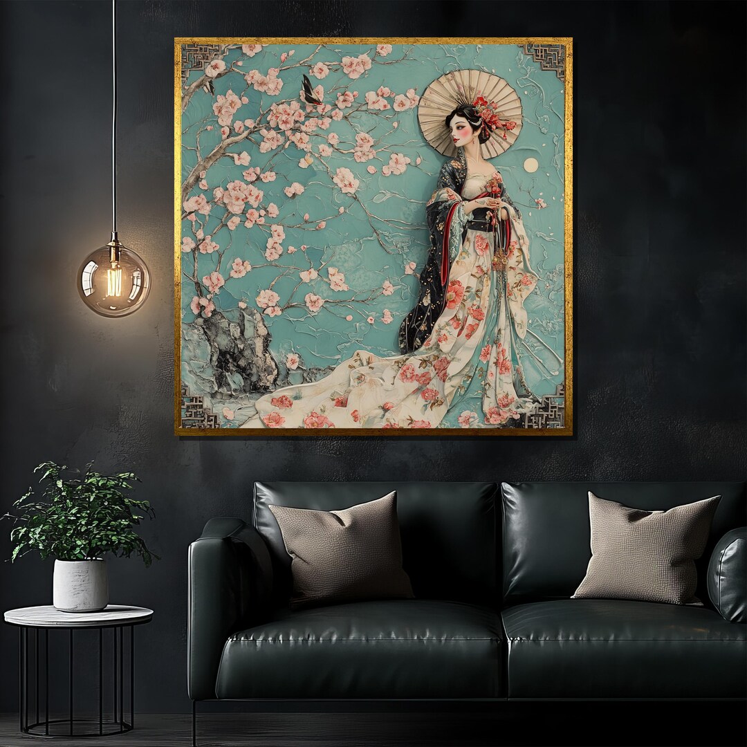 Elegant Japanese Geisha Canvas Painting, Cherry Blossom Wall Art, Teal ...