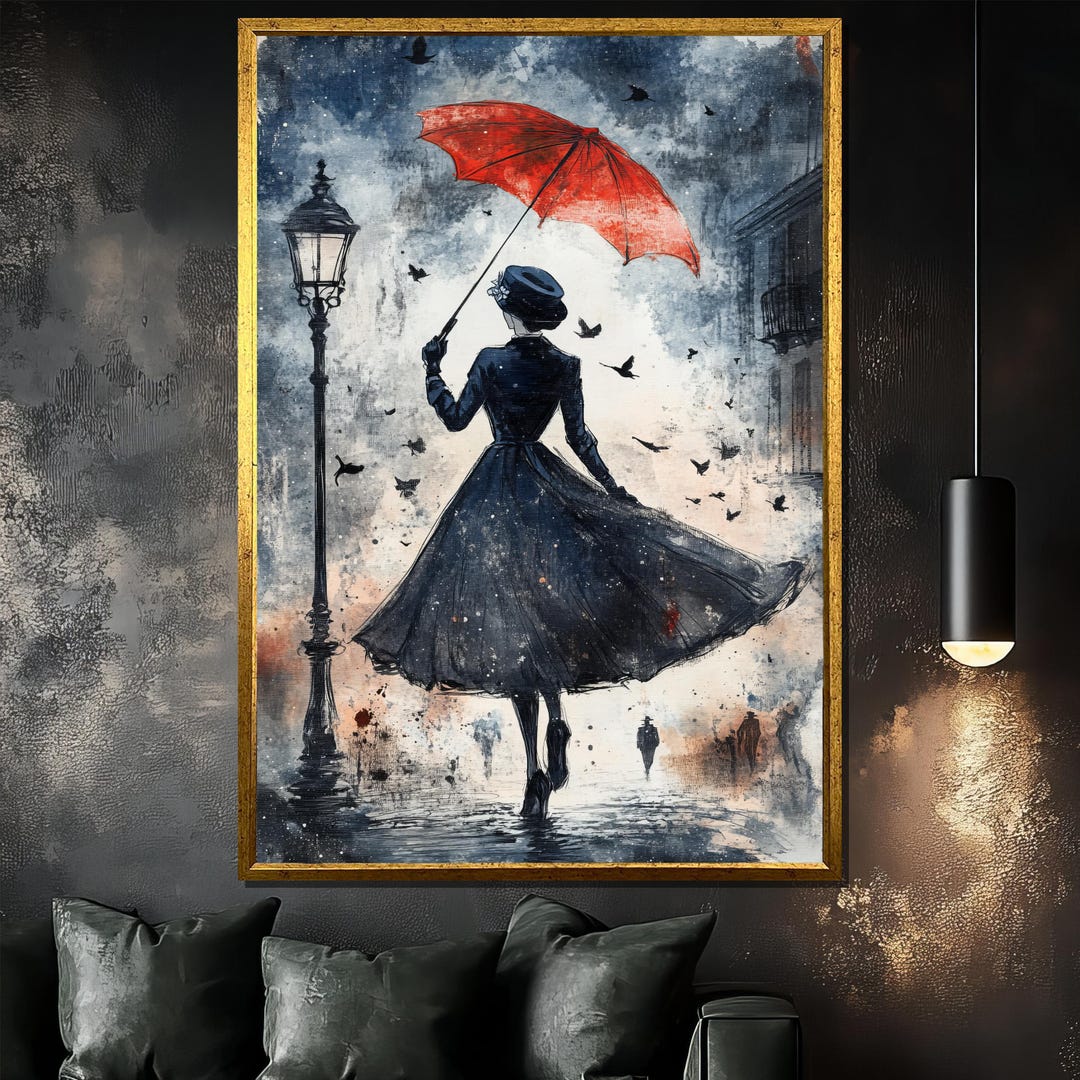 Elegant Lady With Red Umbrella Canvas Painting, Vintage Style Wall Art ...