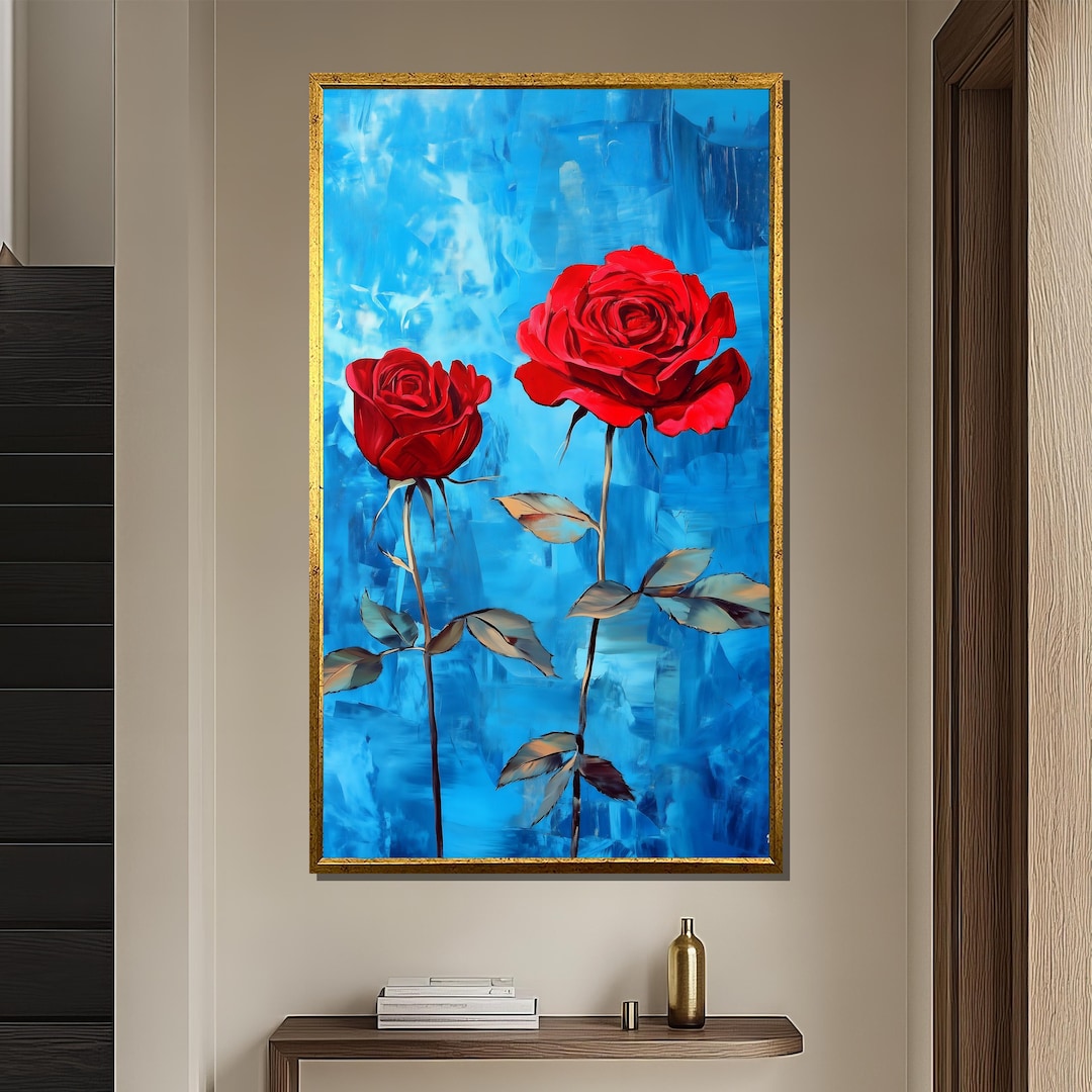 Vivid Red Rose Canvas Painting, Blue Background Floral Wall Art ...