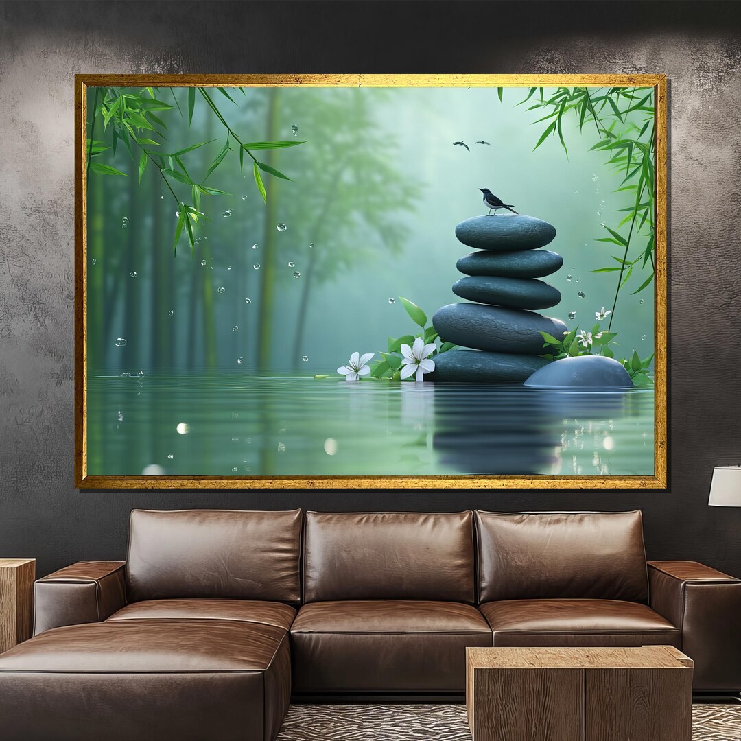 Zen Stones and Bamboo Nature Canvas Painting, Calming Wall Art, Spa ...